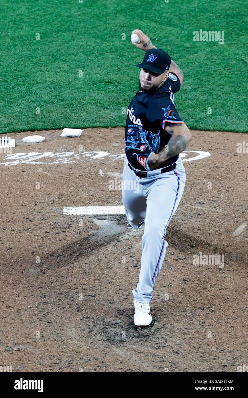 ATLANTA, GA - APRIL 04: Luarbert Arias #76 of the Miami Marlins ...