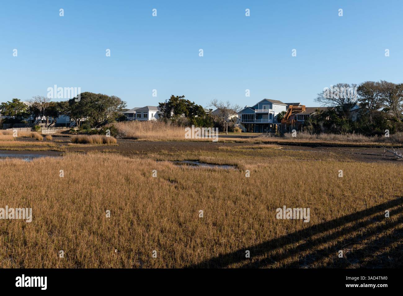 Elevated homes border the edge of a coastal marsh in Oak Island, North ...