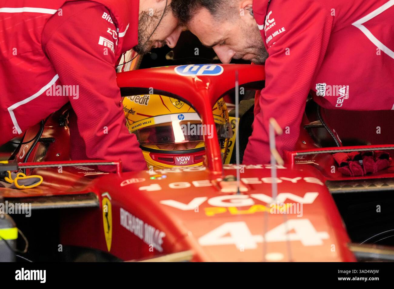 Ferrari driver Lewis Hamilton of Britain prepares to drive during the ...