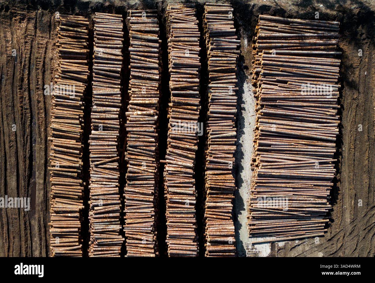 In an aerial view, logs are seen stacked at Gorman Brothers Lumber ...