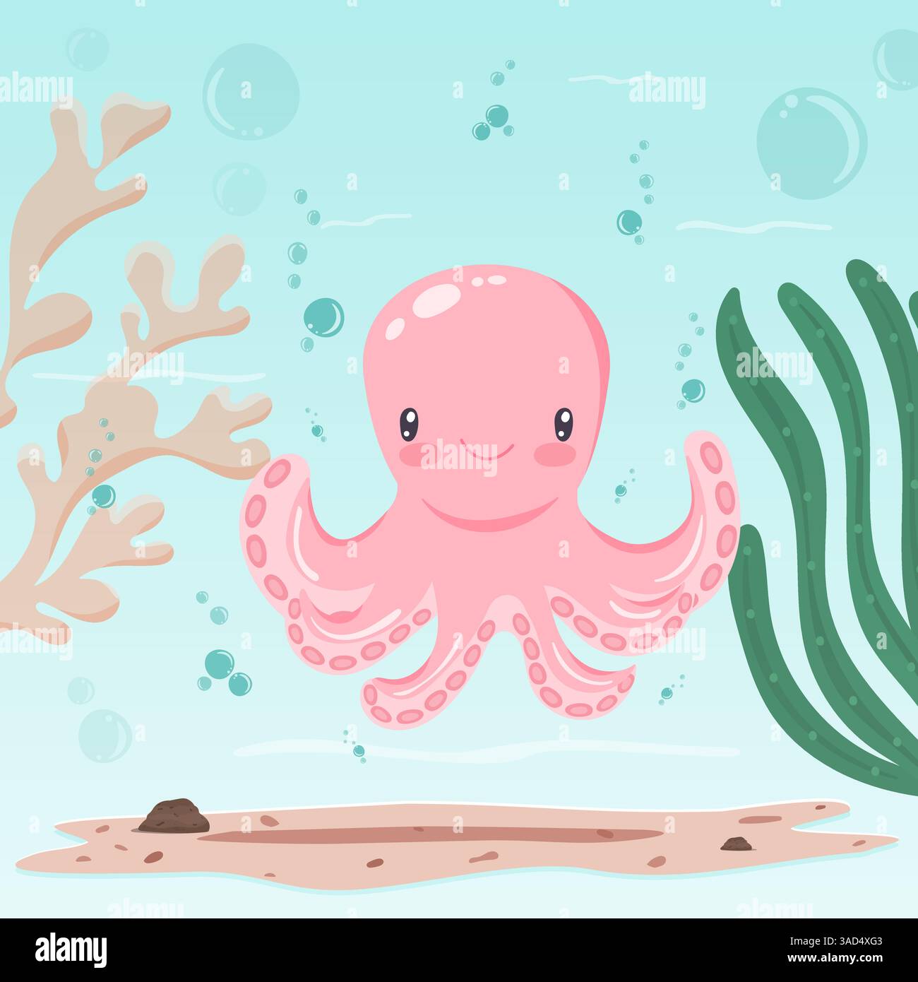 Cute pink octopus smiling underwater, vector illustration Stock Vector ...