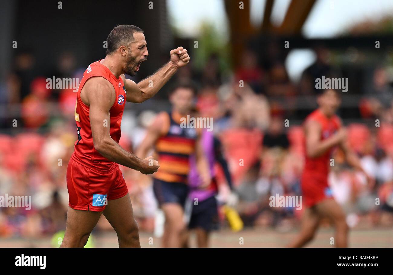 Gold Coast, Australia. 05th Apr, 2025. Ben Long of the Suns reacts ...