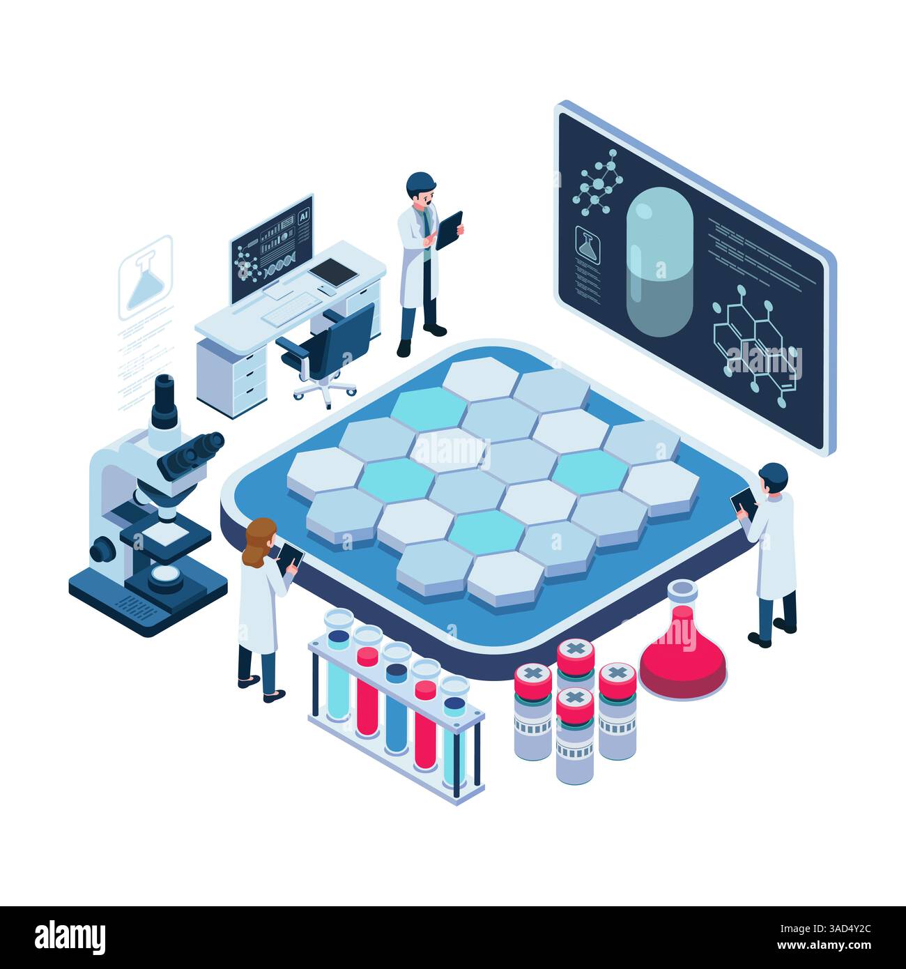 Isometric Scientists in Drug Discovery Lab with Advanced Equipment. Drug Discovery and ...