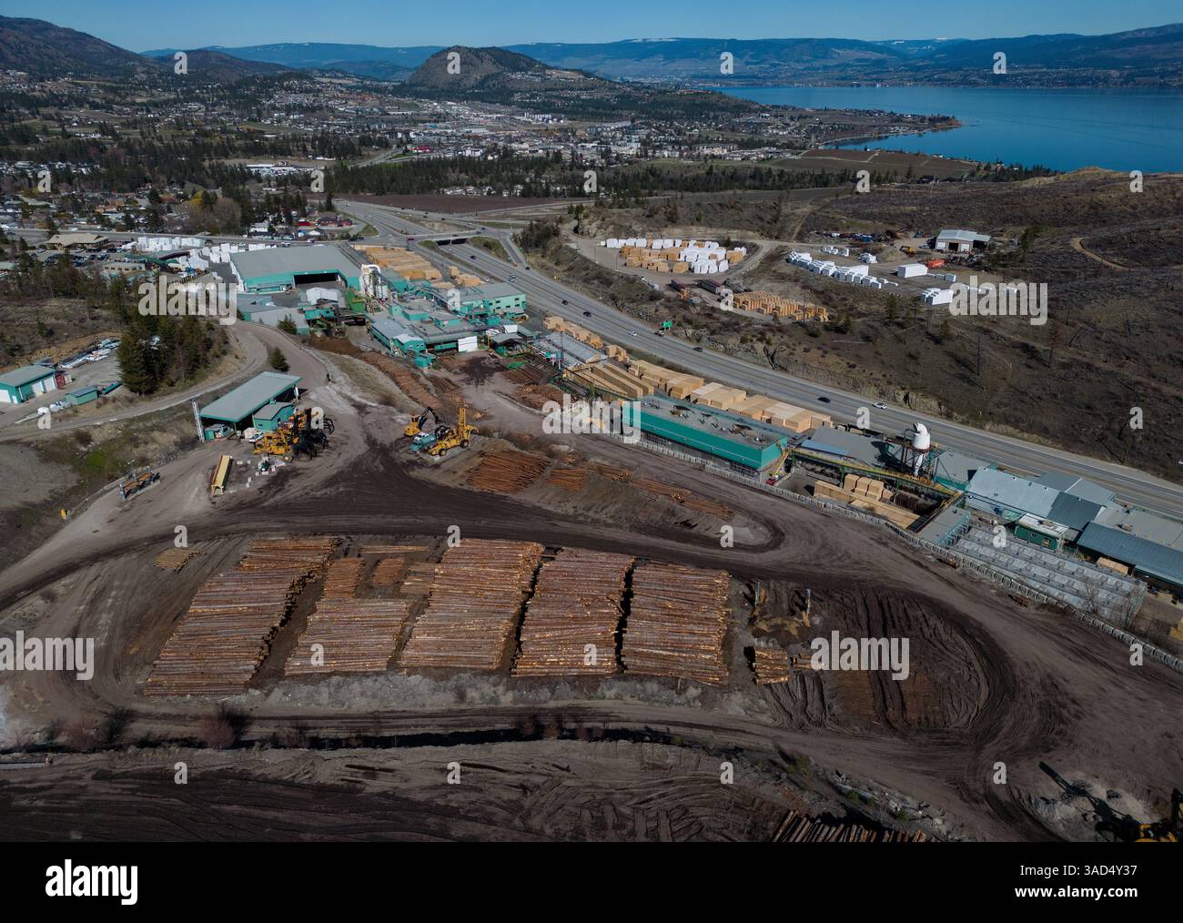 West Kelowna, Canada. 04th Apr, 2025. In an aerial view, logs are seen ...