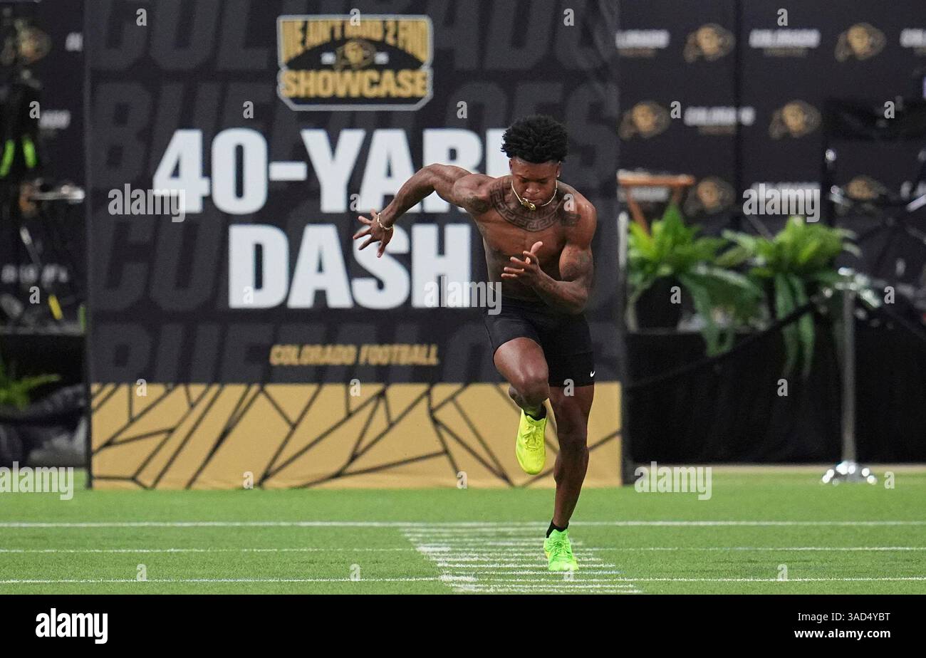 Colorado wide receiver Jimmy Horn Jr. takes part in the 40-yard dash ...