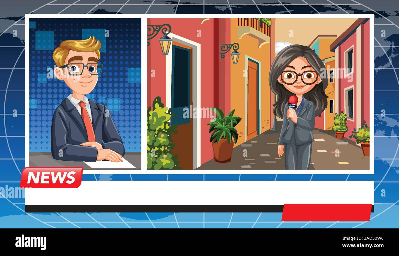 Vector illustration of a news broadcast featuring an anchor and a field ...