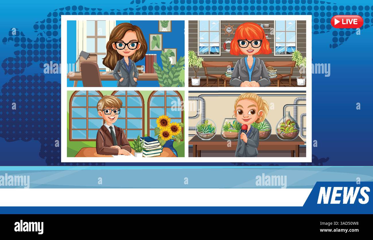 Colorful vector illustration of a virtual newsroom with diverse anchors ...