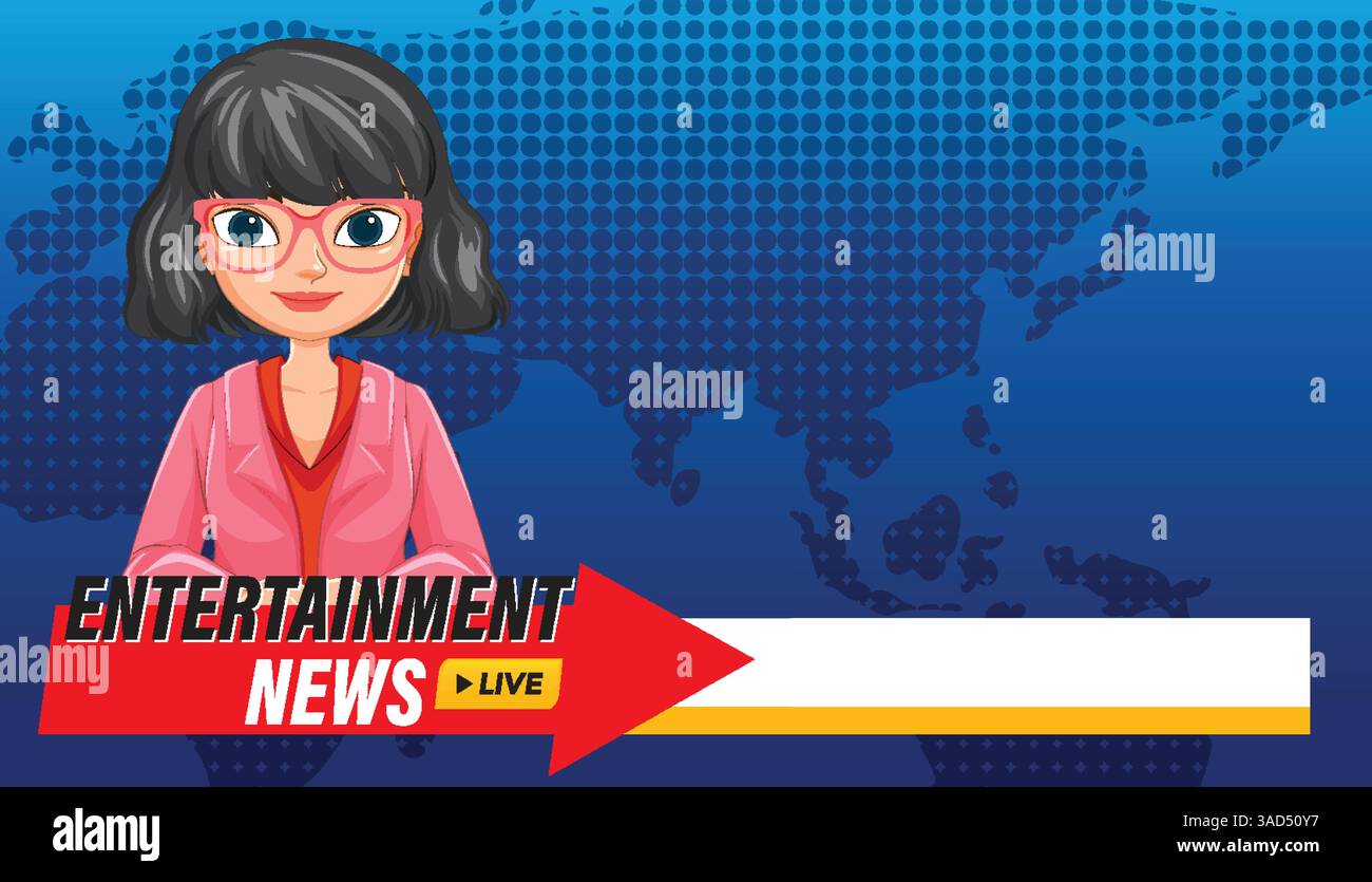 Vector illustration featuring a news anchor with a global map backdrop ...