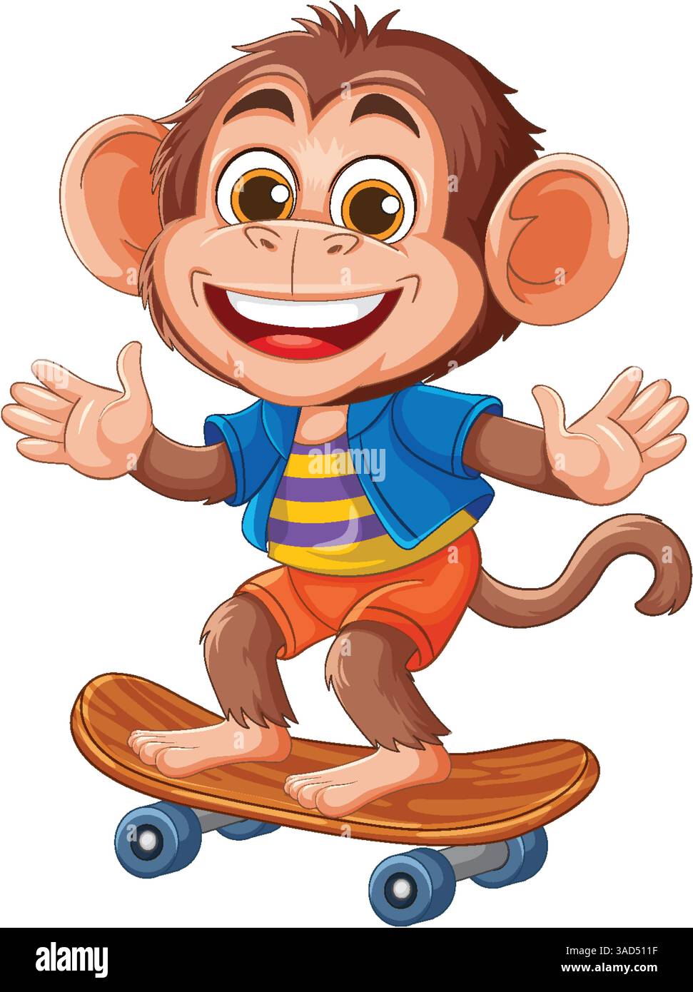 A playful monkey rides a skateboard, wearing bright clothes. Cartoon ...