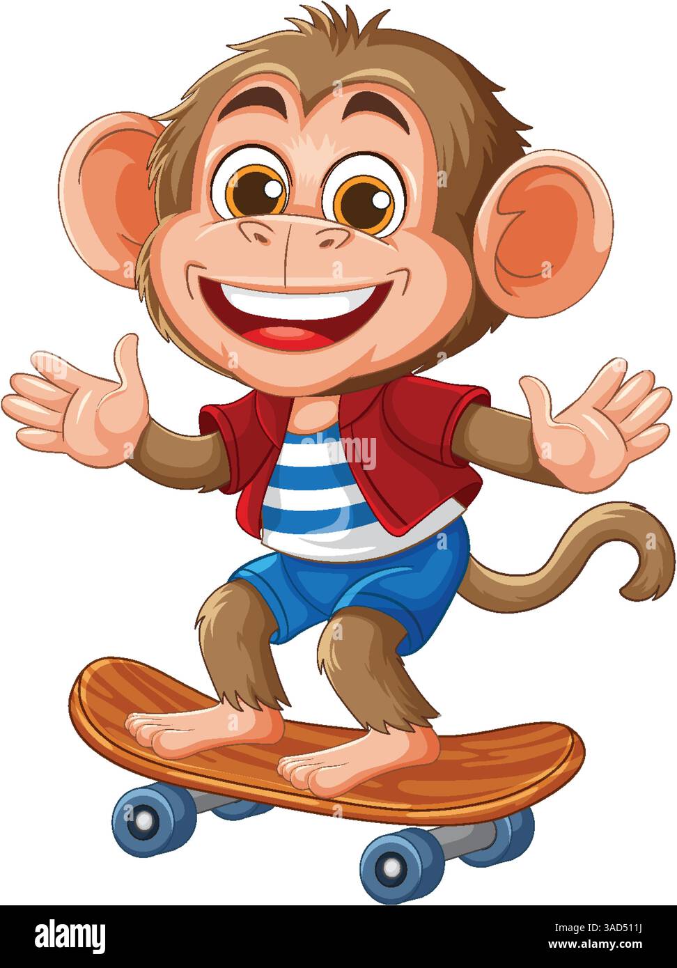 A playful monkey rides a skateboard, wearing a red jacket and blue ...