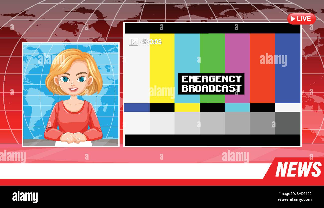 Vector illustration of a news anchor and emergency broadcast screen ...