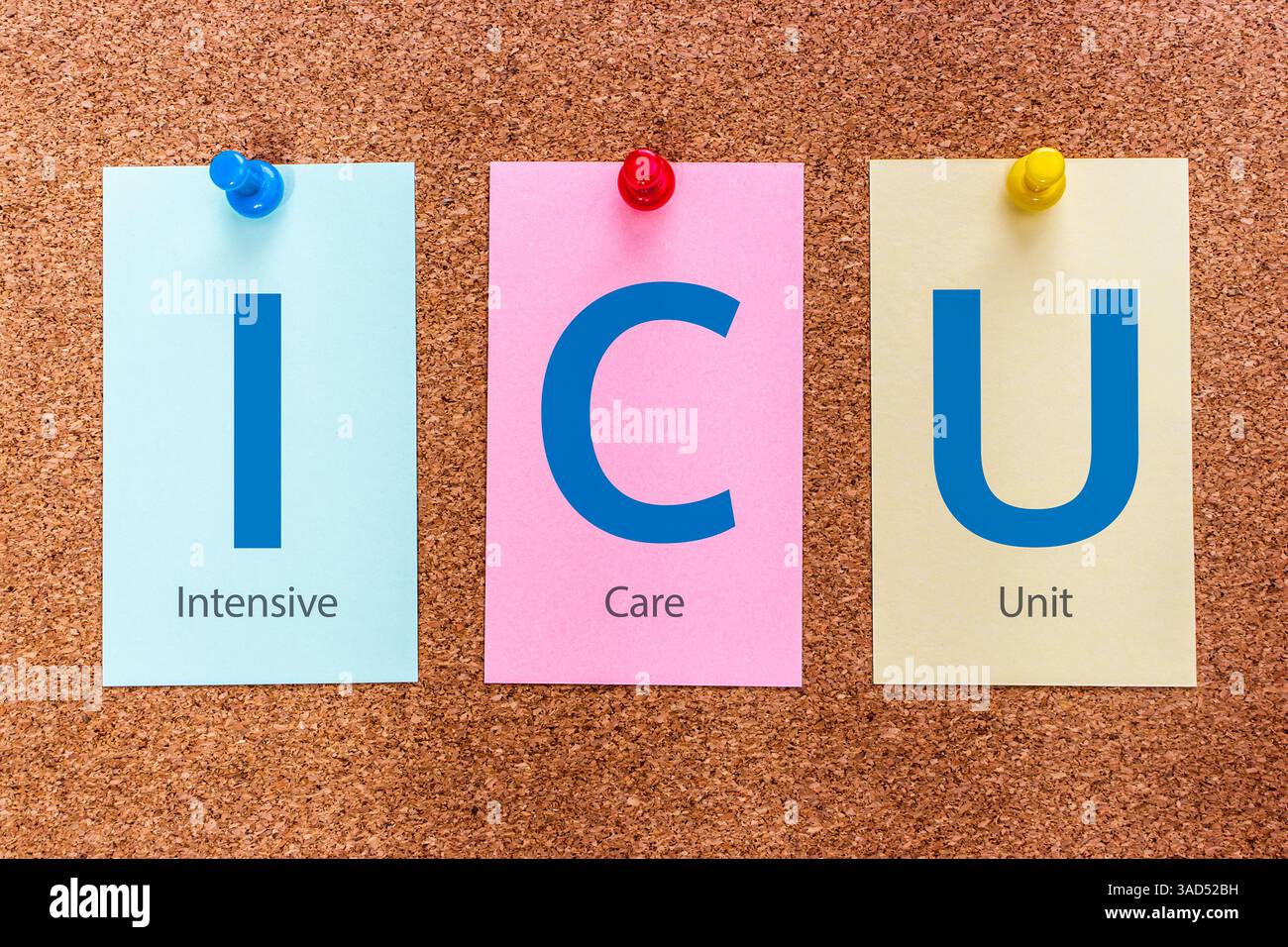 Conceptual 3 letters keyword ICU (Intensive Care Unit), on multicolored ...
