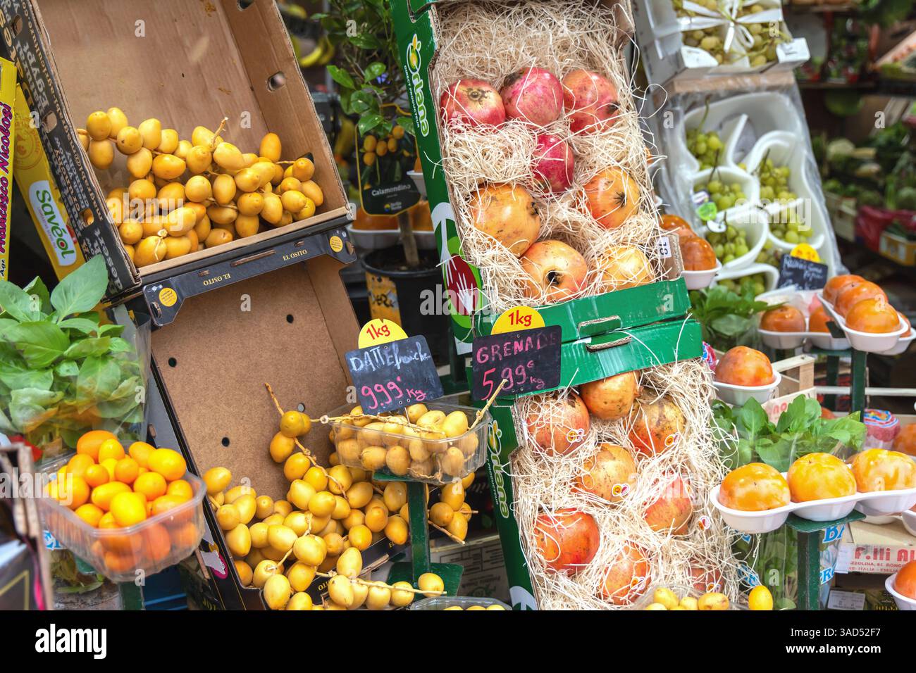 Shop with various fruits outside. French fruit market. Paris, France ...