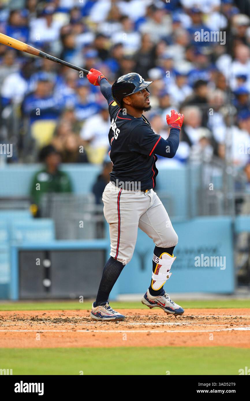 LOS ANGELES, CA - APRIL 02: Atlanta Braves second baseman Ozzie Albies (1) doubles during the ...