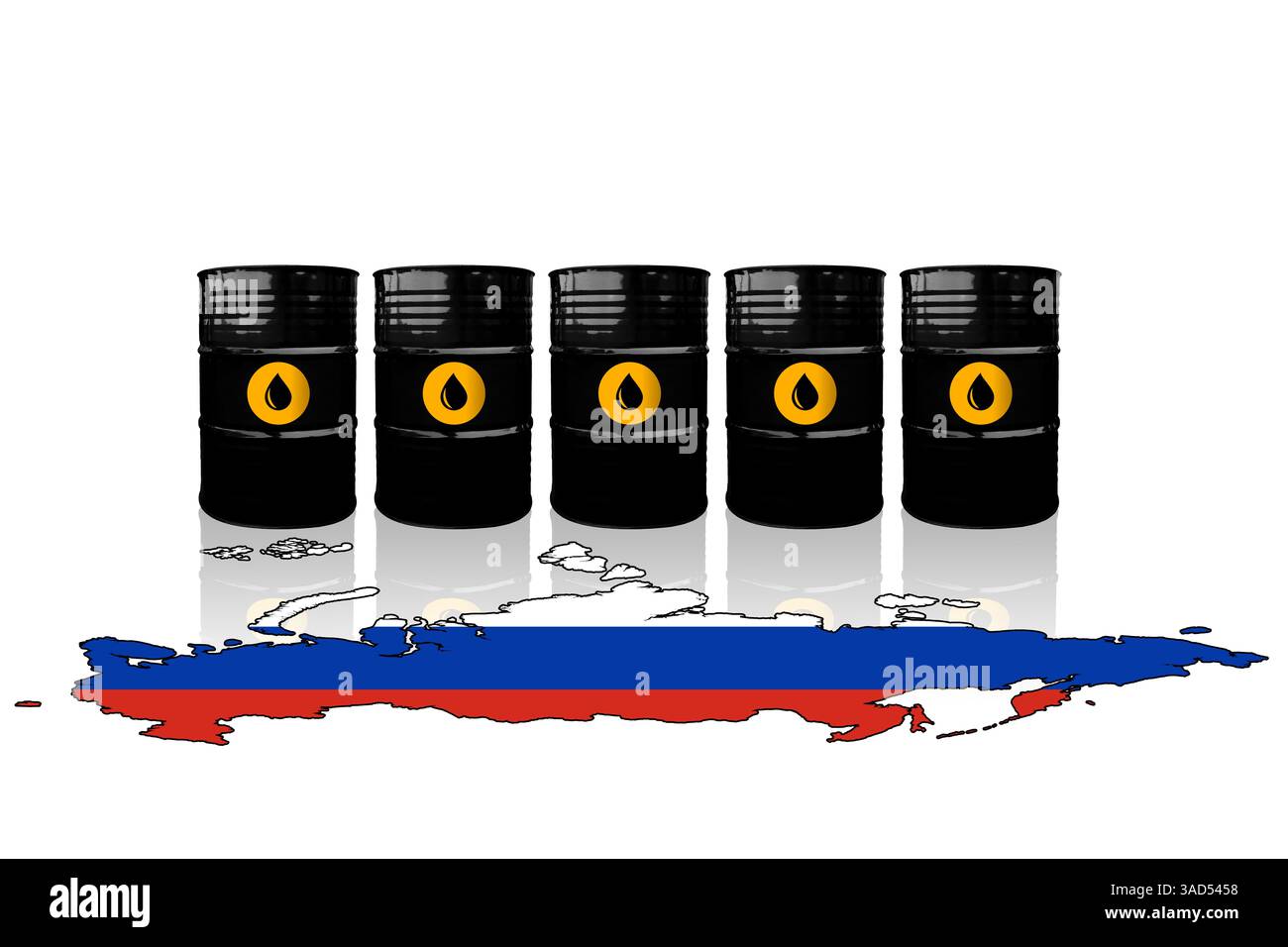 Russian crude oil barrels on a Russia map. Tariffs, sanctions and ...