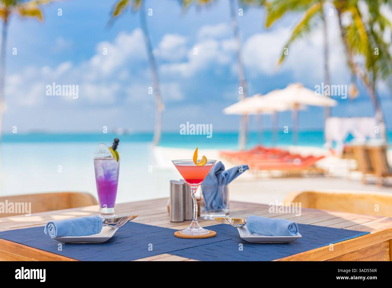 Sunny beach vacation with colorful breakfast lunch table by pool luxury ...