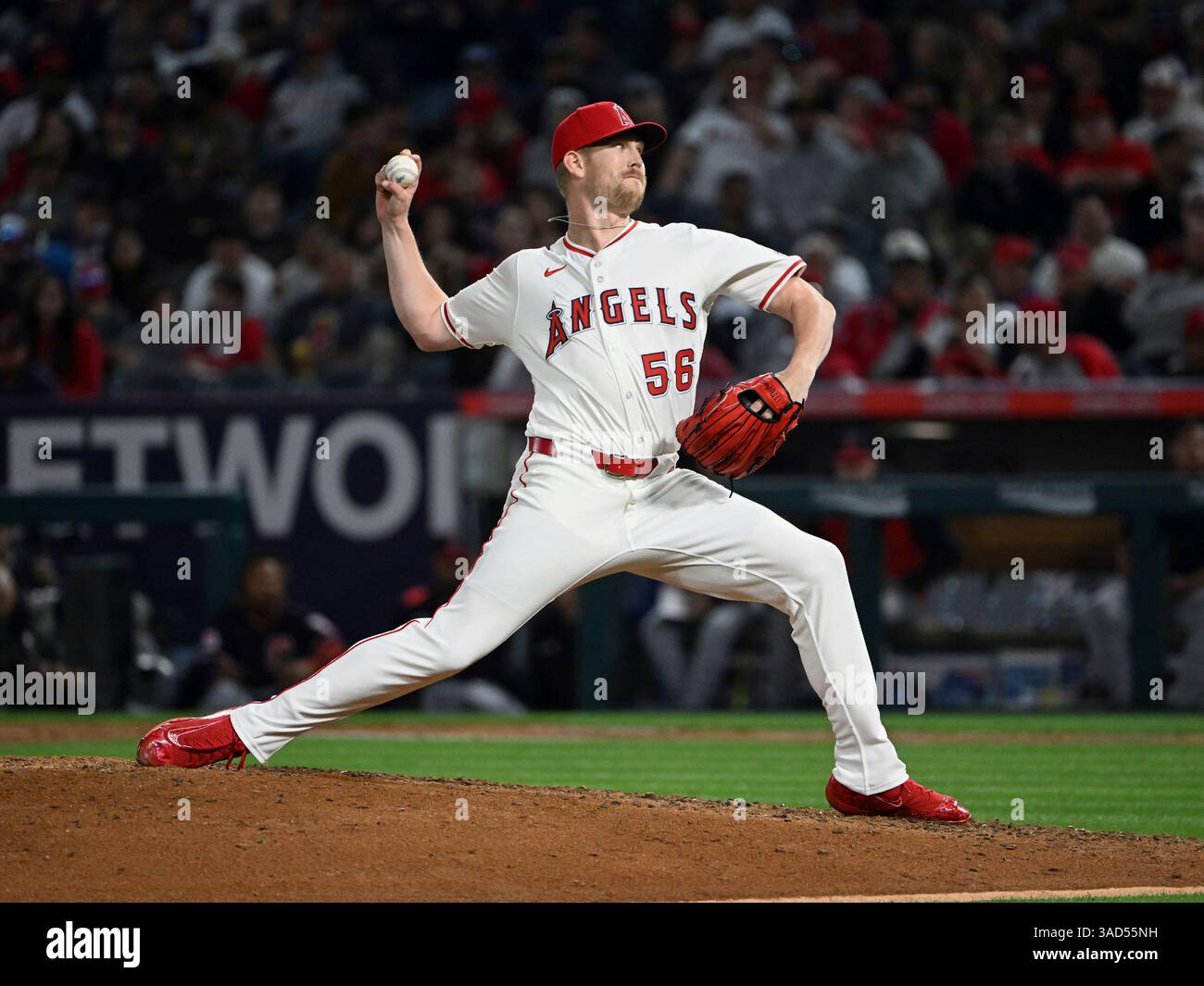 ANAHEIM, CA - APRIL 04: Los Angeles Angels pitcher Ryan Zeferjahn (56) pitching during an MLB ...
