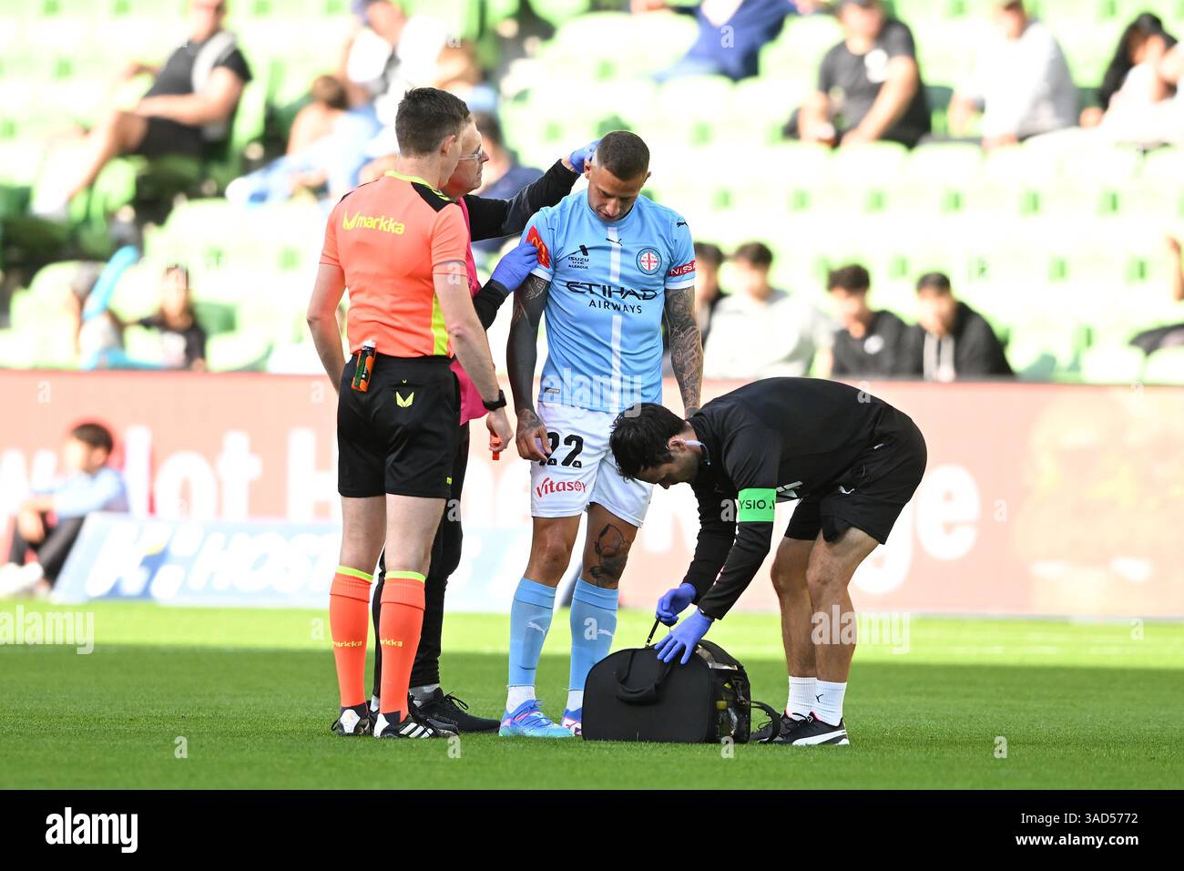German Ferreyra of Melbourne City with medics during the A-League Men ...