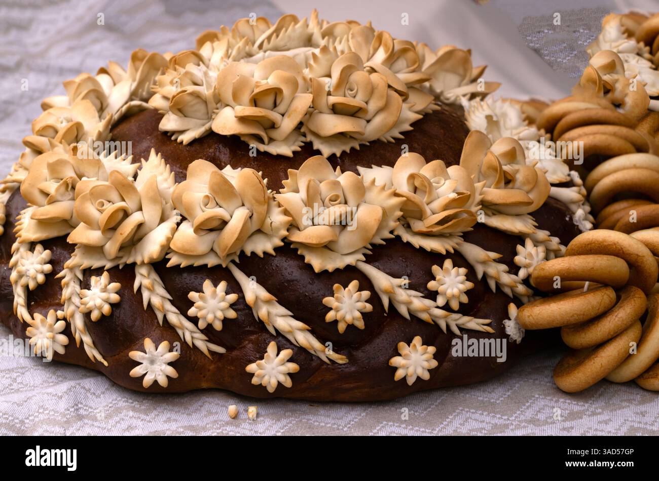 Traditional festive loaves of bread, beautifully decorated Stock Photo ...