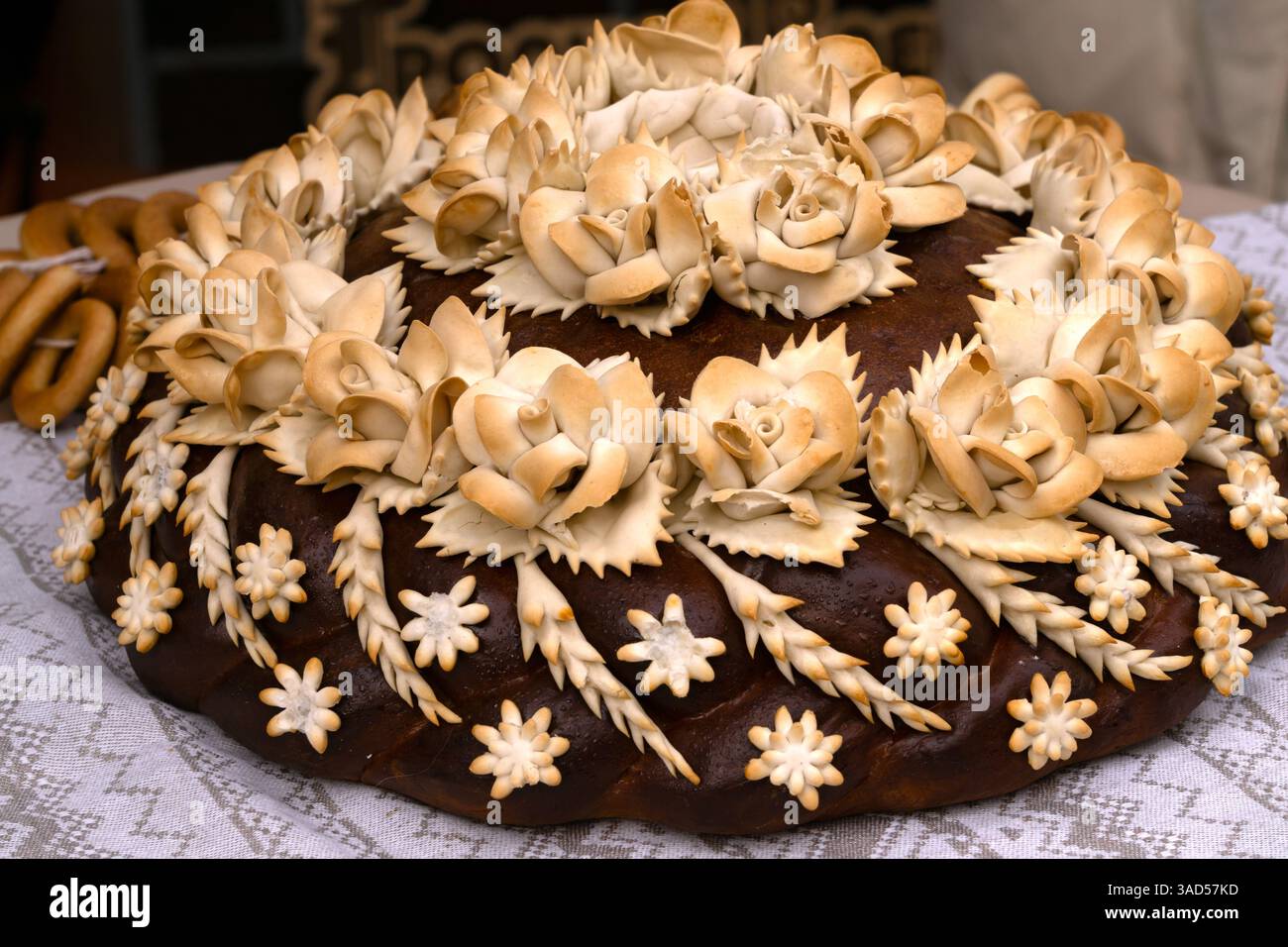 Traditional festive loaves of bread, beautifully decorated Stock Photo ...