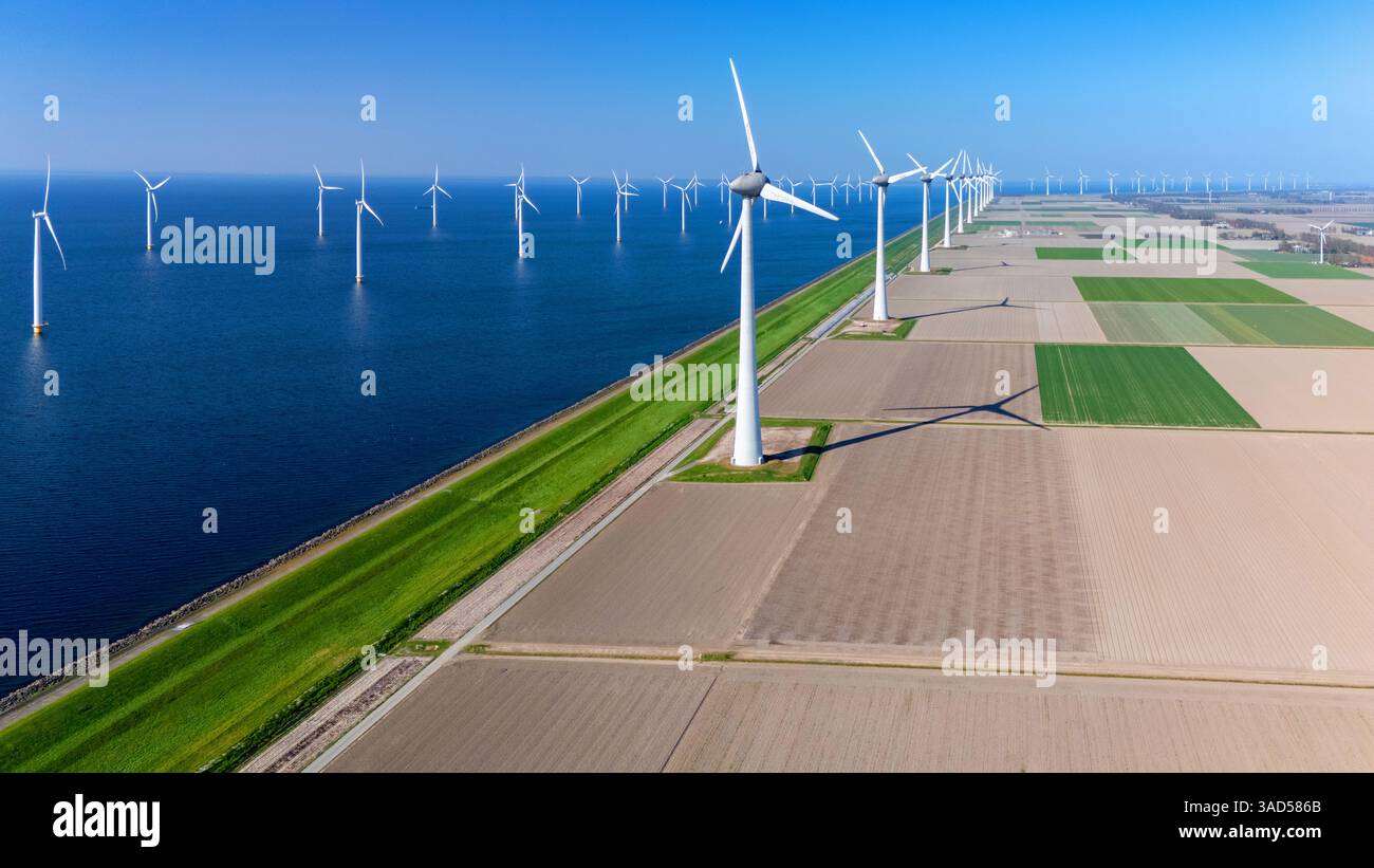 Extensive rows of offshore wind turbines line the horizon in the ...