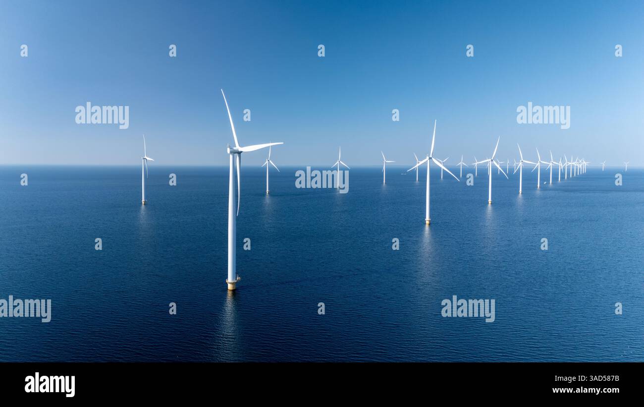 Expansive view of an offshore windmill park in the Netherlands ...