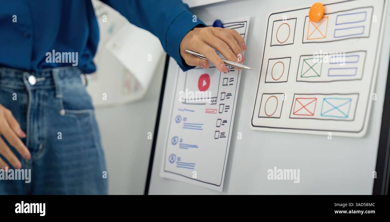 UX UI Planning and Review. A designer interacts with interface mockups in a structured design ...