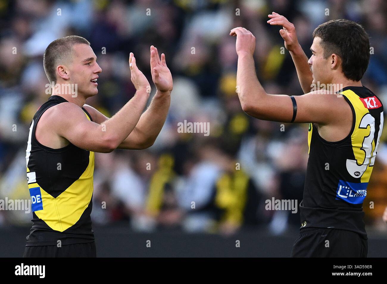 Sam Lalor of Richmond (left) celebrates scoring a goal during the AFL ...
