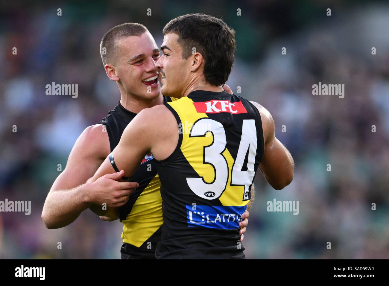 Harry Armstrong of Richmond (right) celebrates scoring a goal with Sam ...