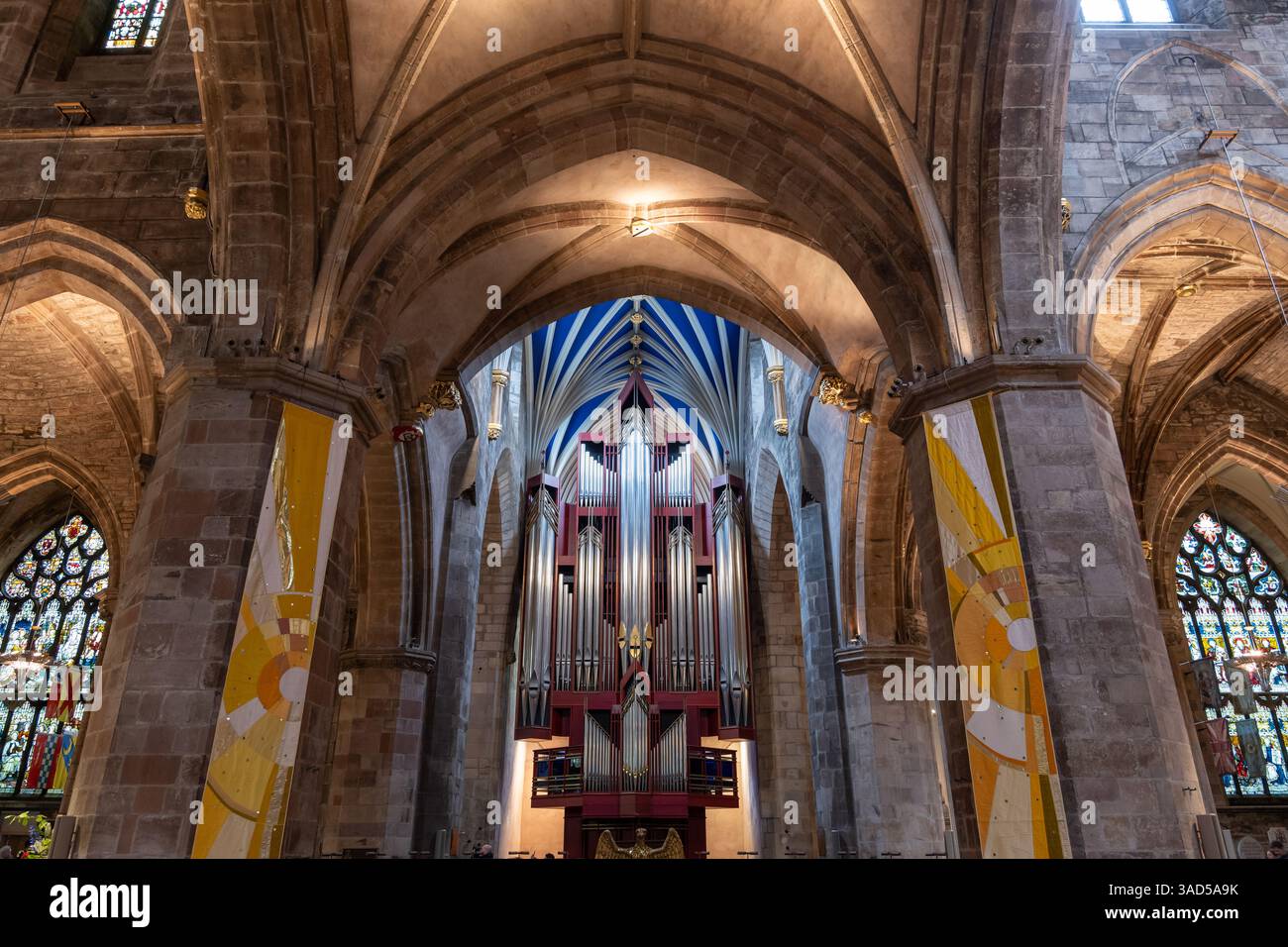 Pipe organ in St. Giles Cathedral interior in Edinburgh, Scotland, UK. Musical instrument made ...