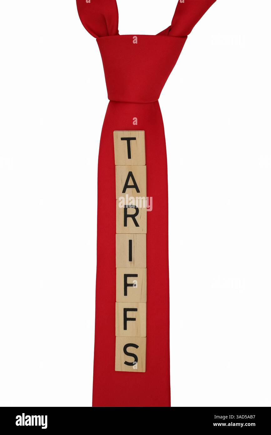 The word Tariffs is placed on a red tie. American trade policy. New ...