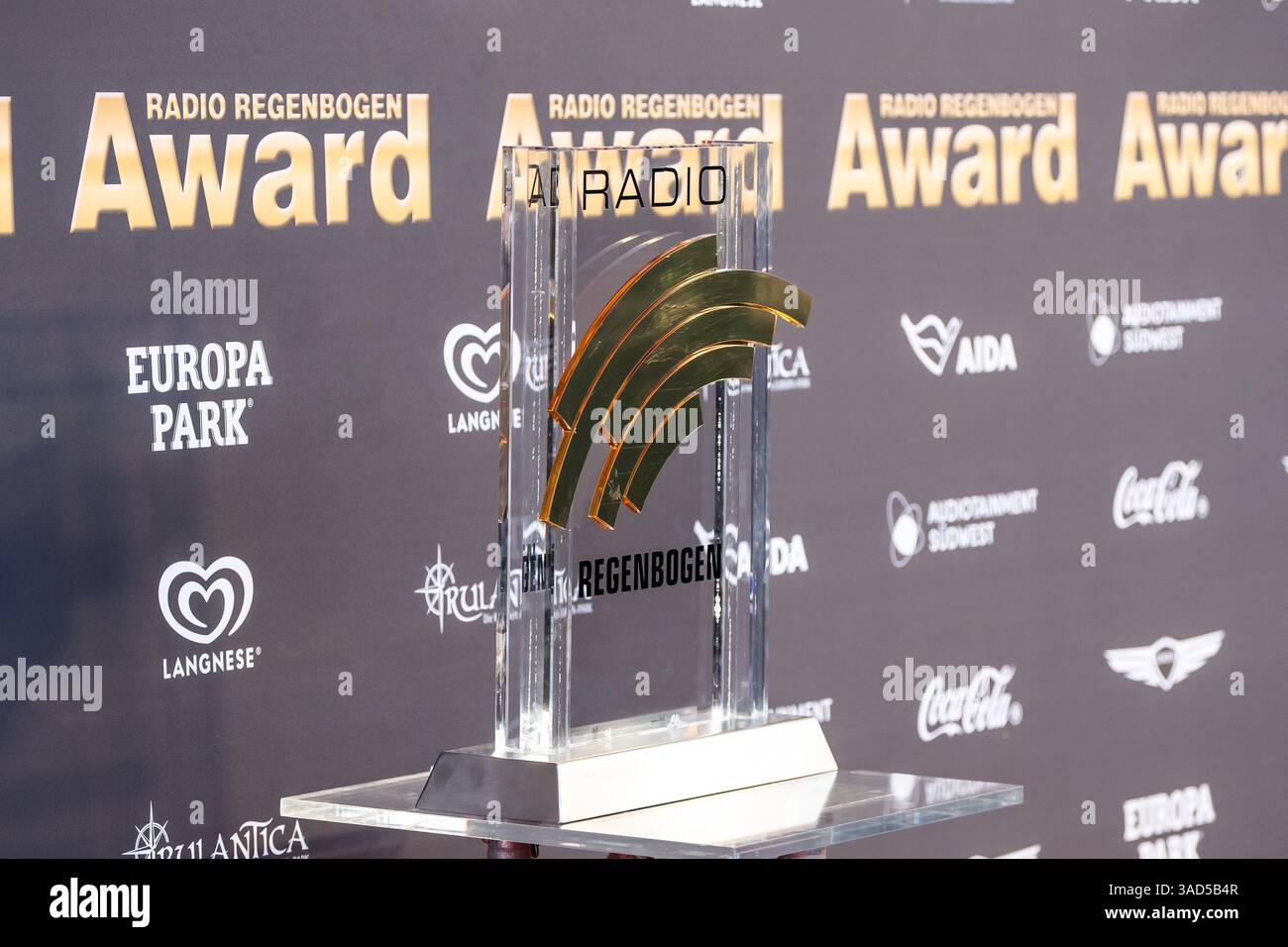 04 April 2025, Baden-Württemberg, Rust: A Radio Regenbogen award stands ...