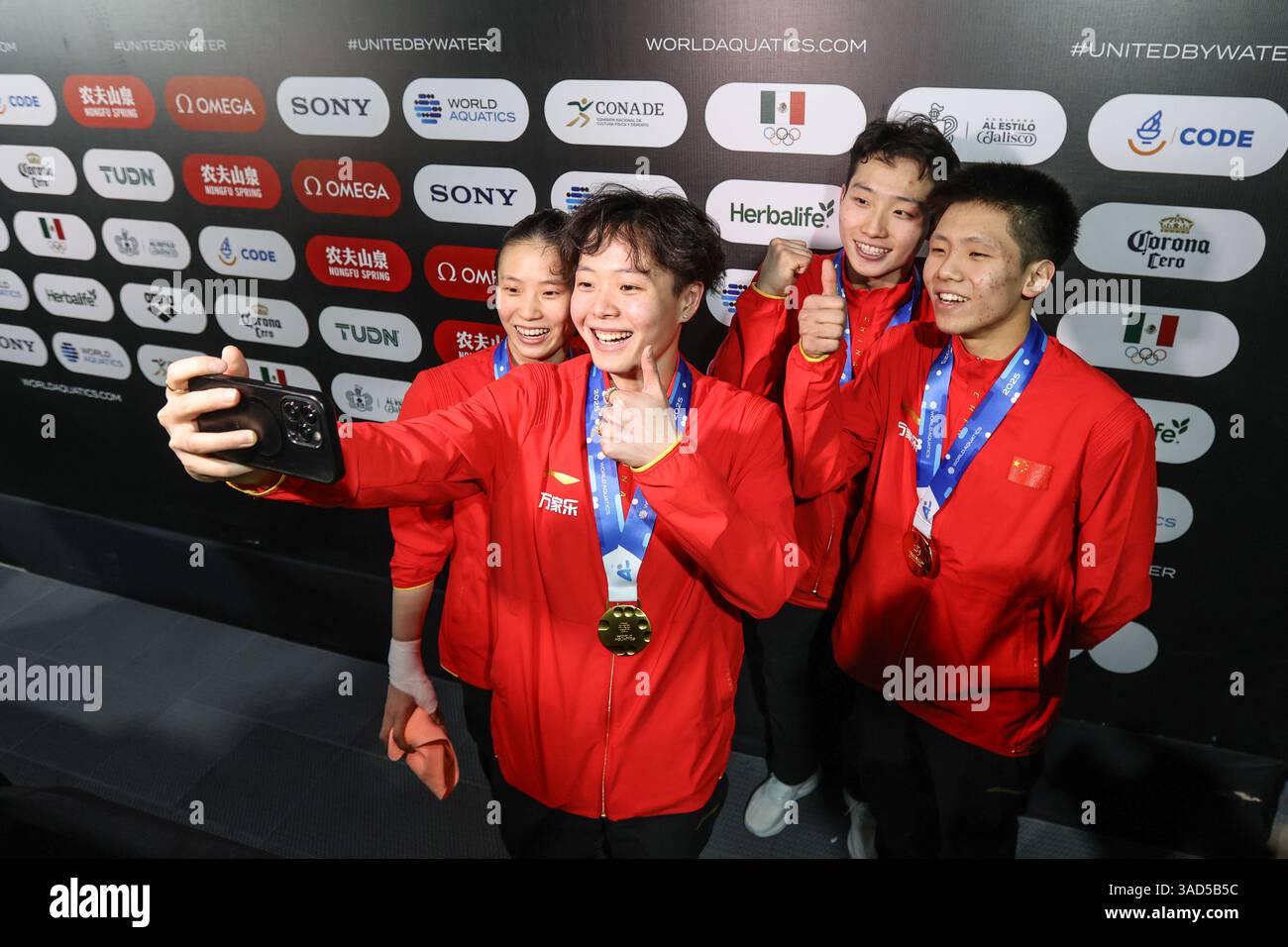Guadalajara, Mexico. 4th Apr, 2025. (L to R) Gold medalist Chen Yuxi, Chen Yiwen, Wang Zongyuan ...