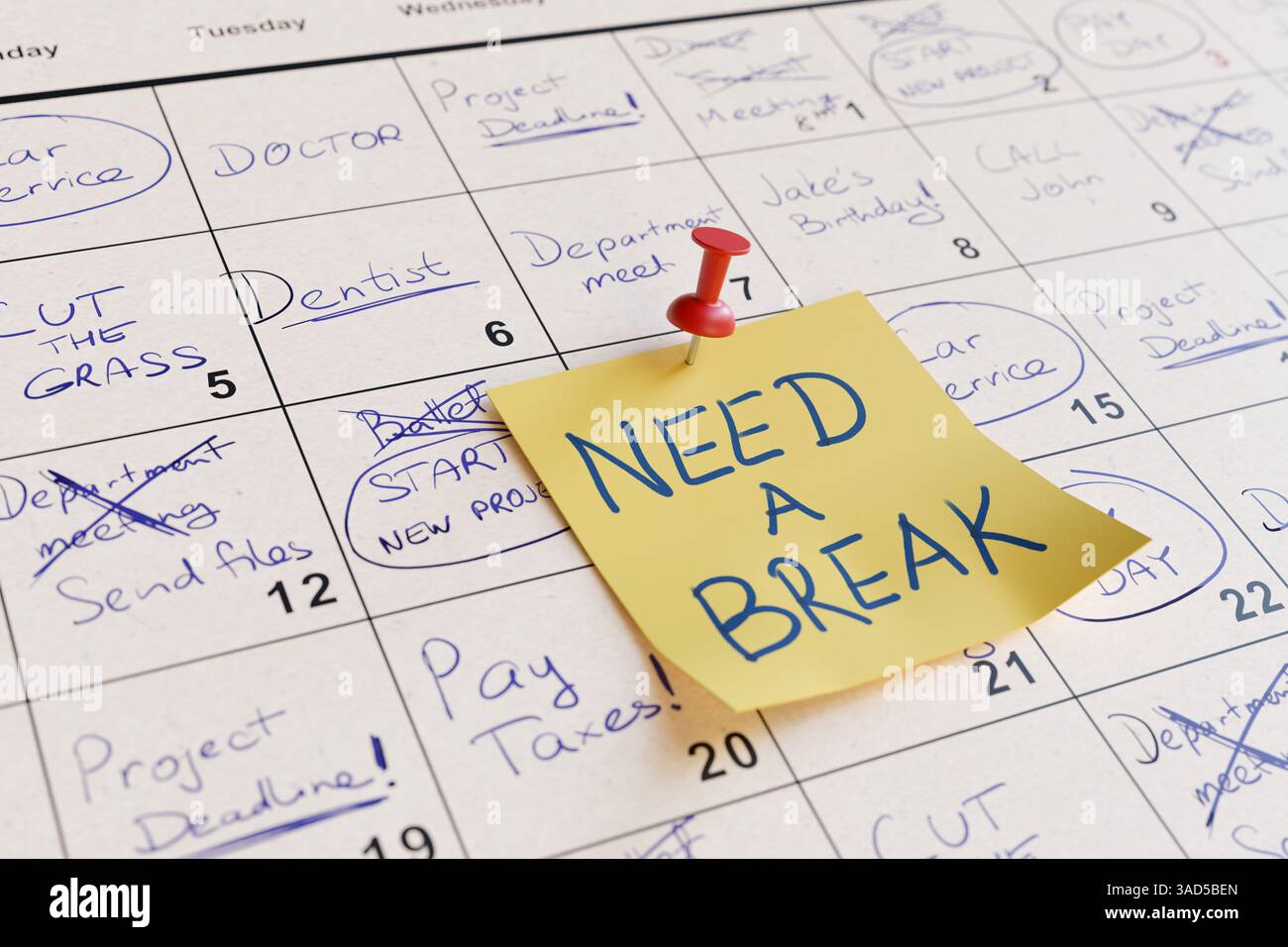 Very busy calendar with many notes and sticky note. Need a break. 3D ...