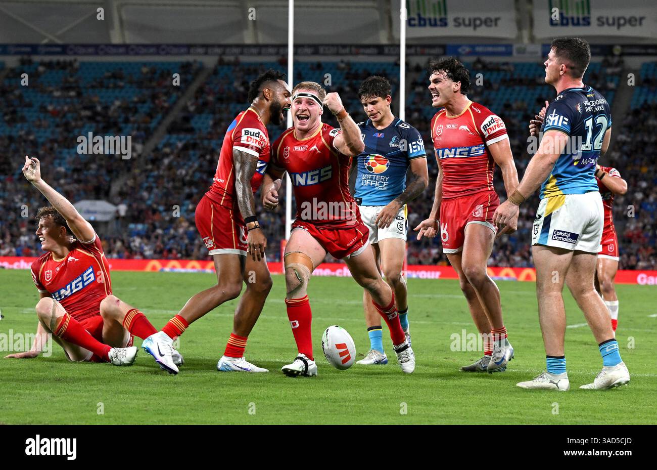 Max Plath of the Dolphins reacts after scoring a try during the NRL ...
