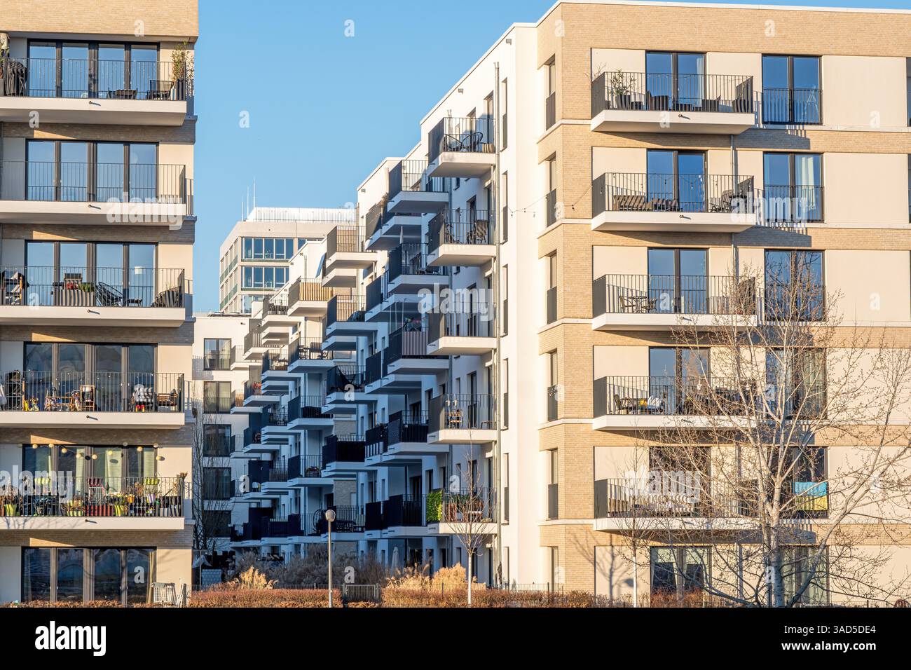 New apartment buildings with many small balconies seen in Berlin ...