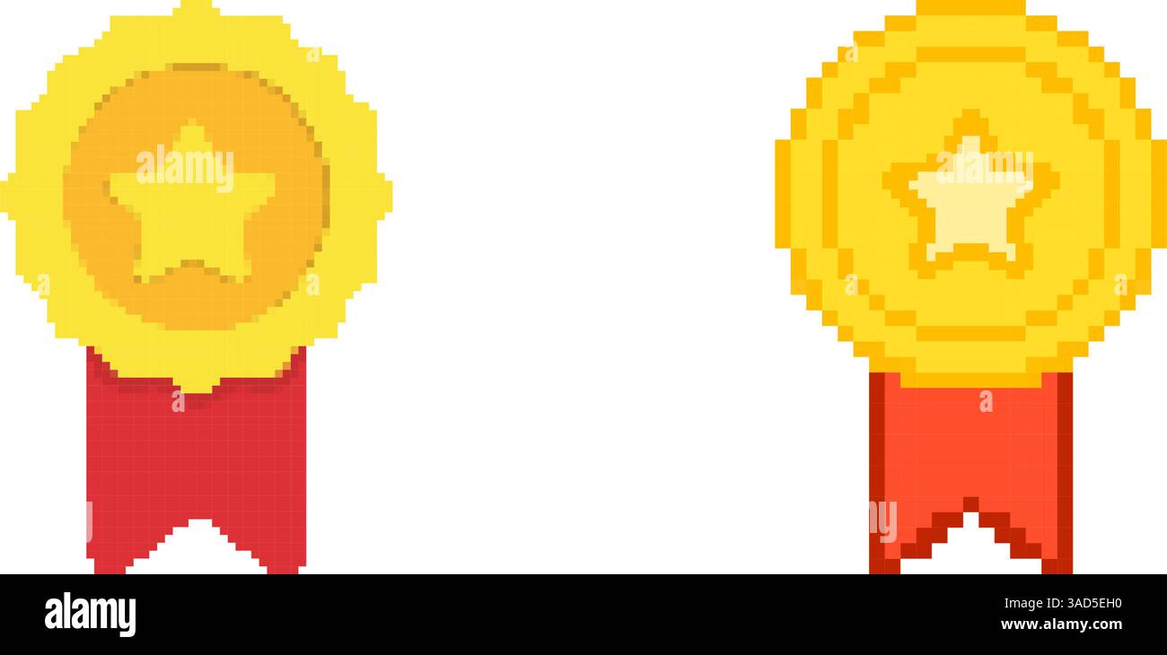 Retro Medal And Award Pixelated Icon Set. Pixel Art Symbol Collection Of Gold Medals And Stars ...