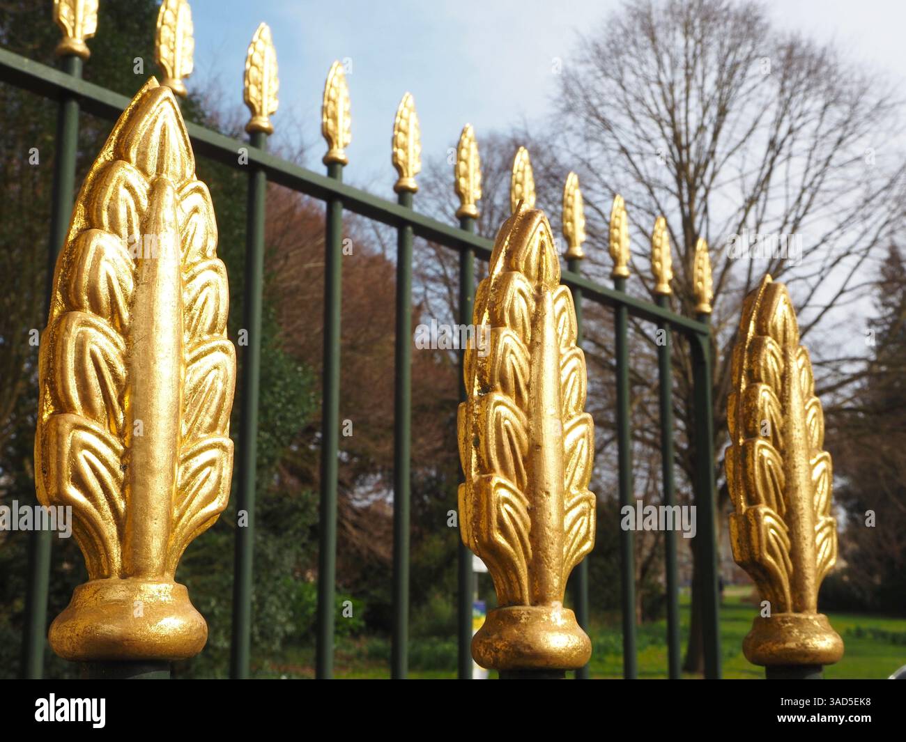 Gold painted cast iron feather shapes on gates to Royal Victoria Park ...