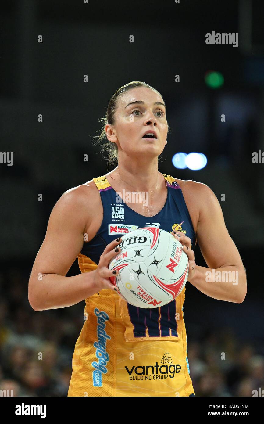 Liz Watson of the Lightning in action during the Super Netball Round 1 ...