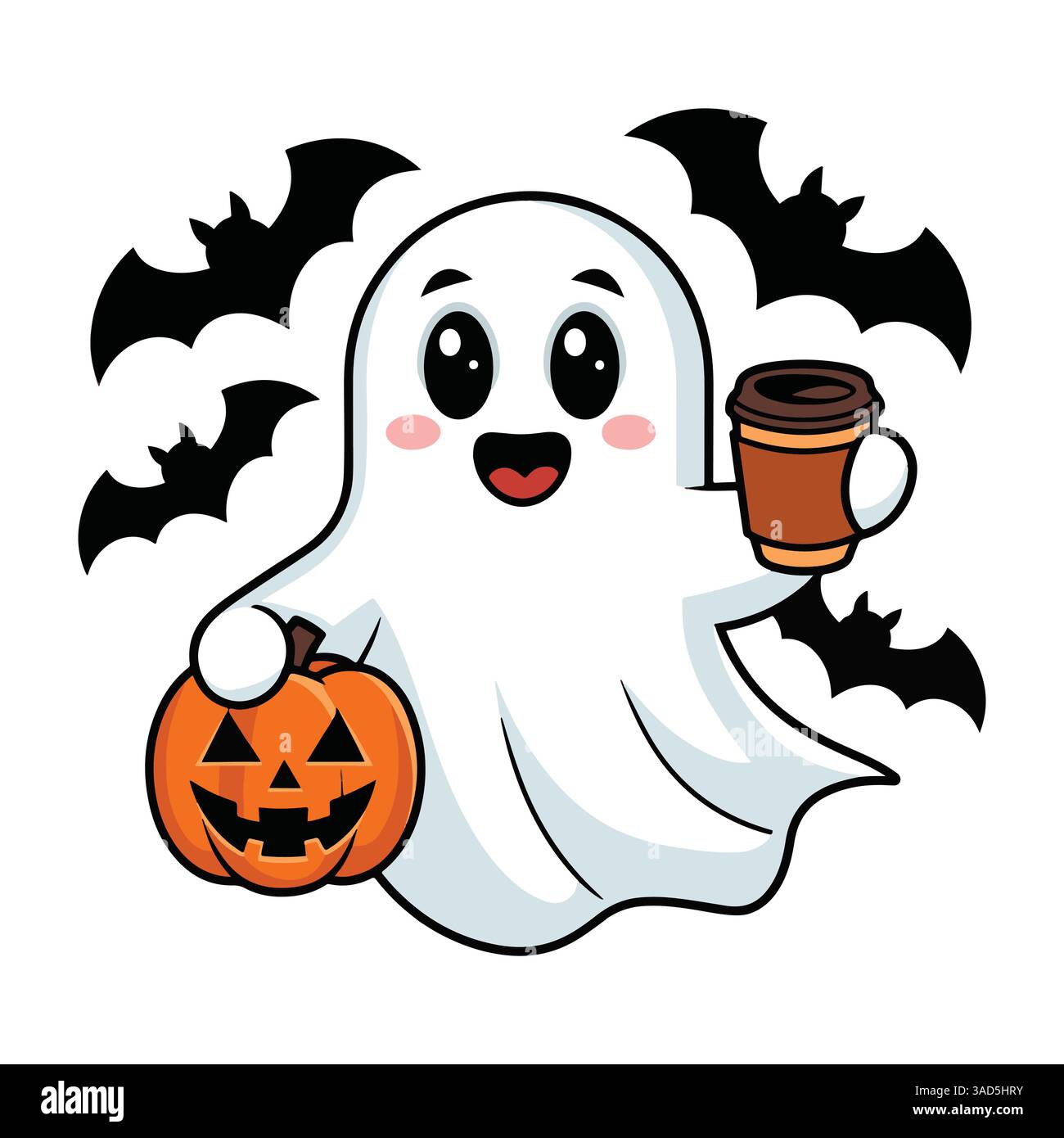 Kawaii ghost drinking coffee cup. Happy Halloween. Cute cartoon spooky ...