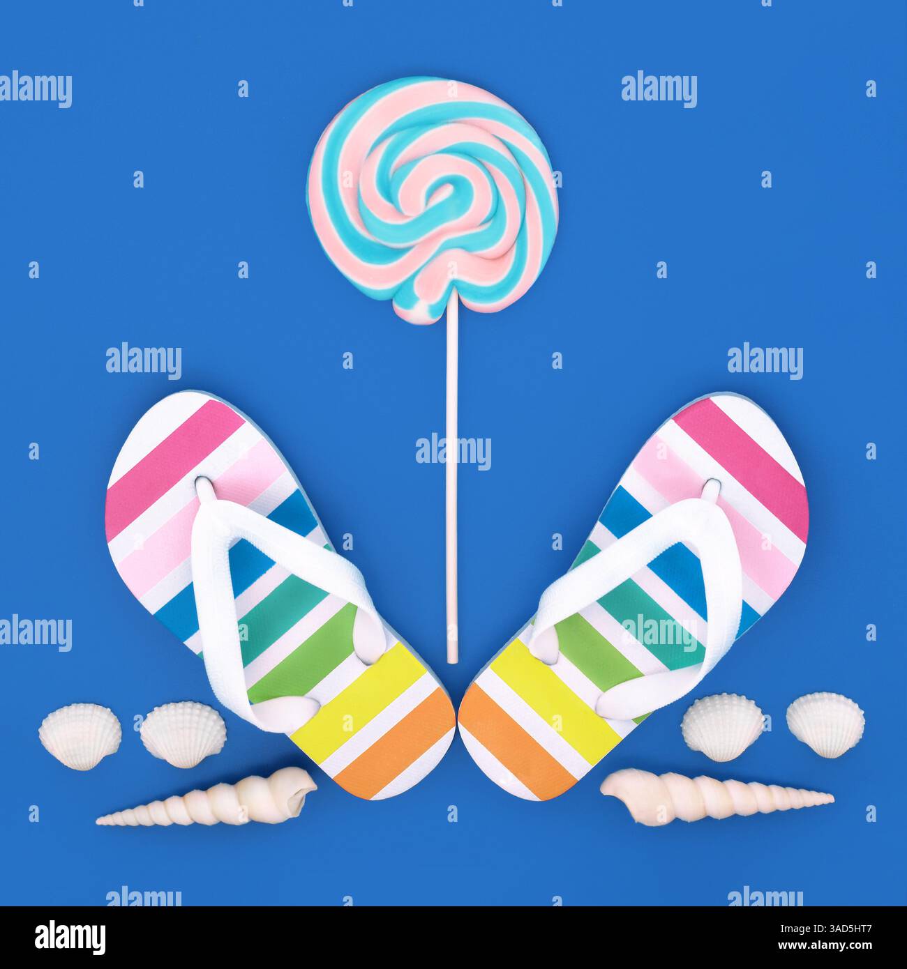 Summer rainbow flip flops footwear, rock candy, seashells on blue ...