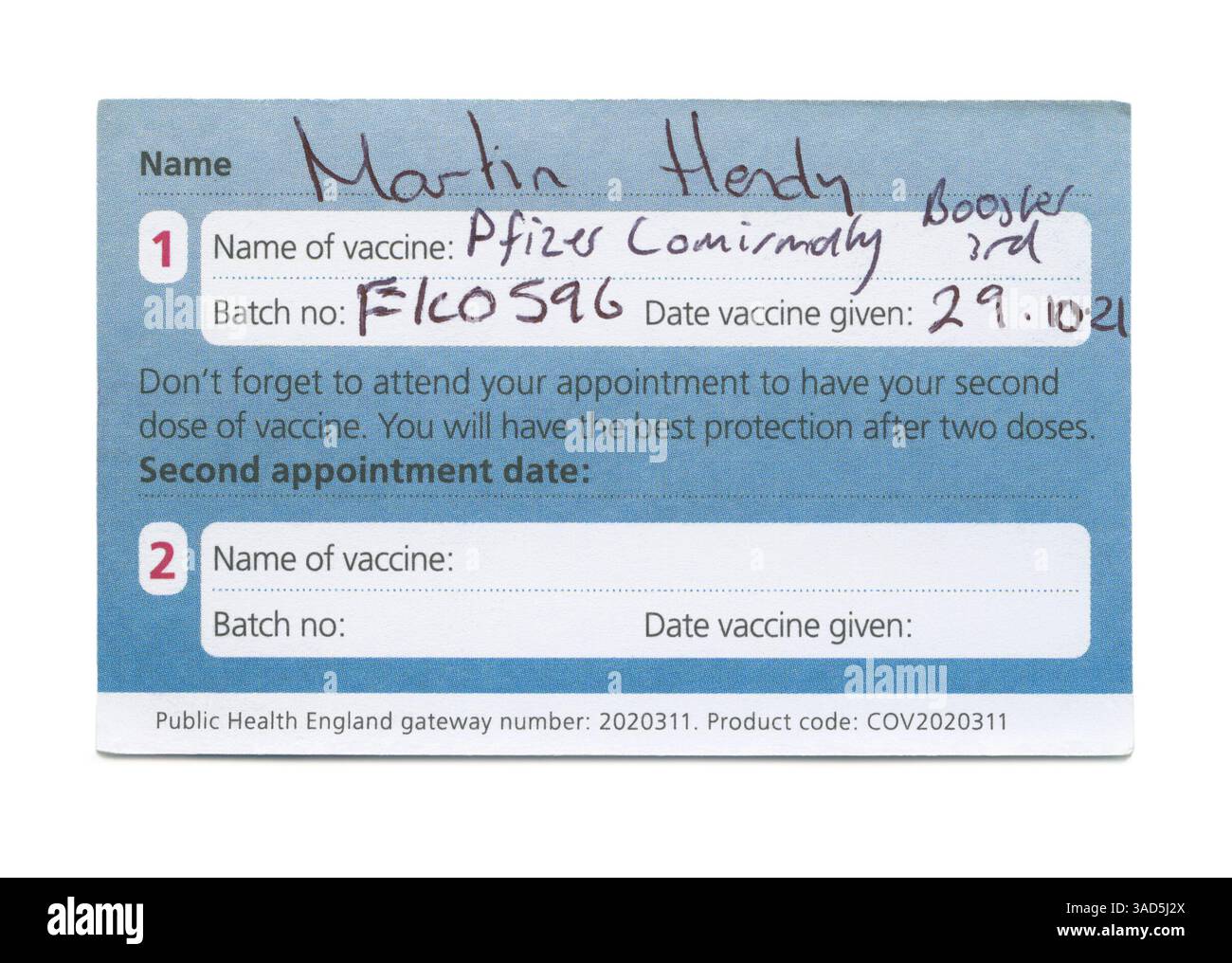 A UK Covid vaccination record card from 2021 – the NHS (the British ...