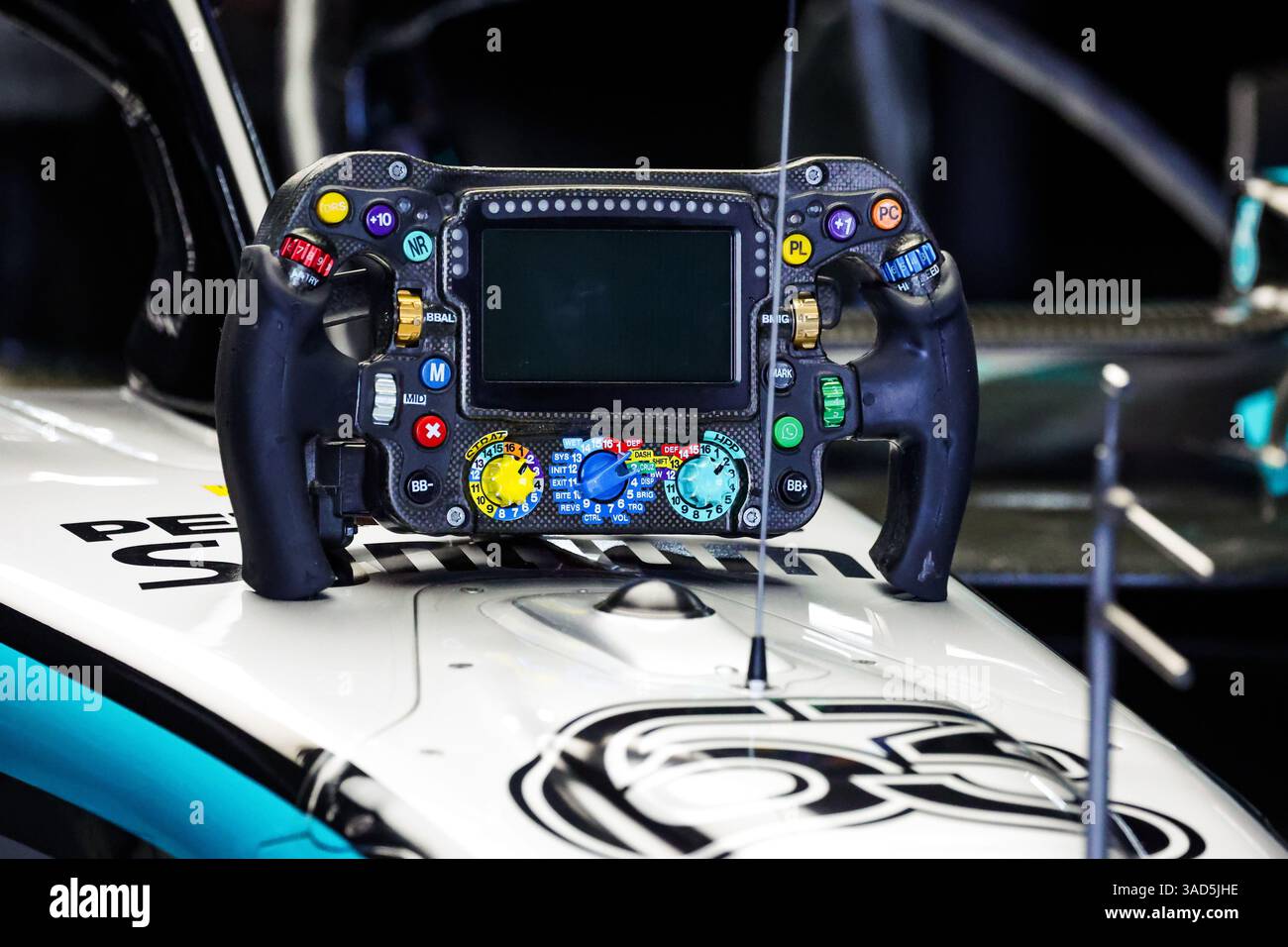 Mercedes AMG F1 Team W16, mechanical detail of the steering wheel ...