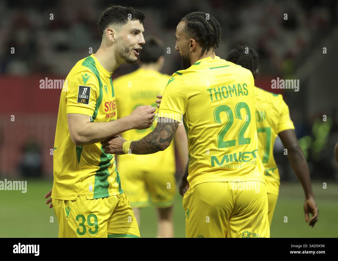 Matthis Abline of Nantes celebrates his goal with Benjamin Thomas ...