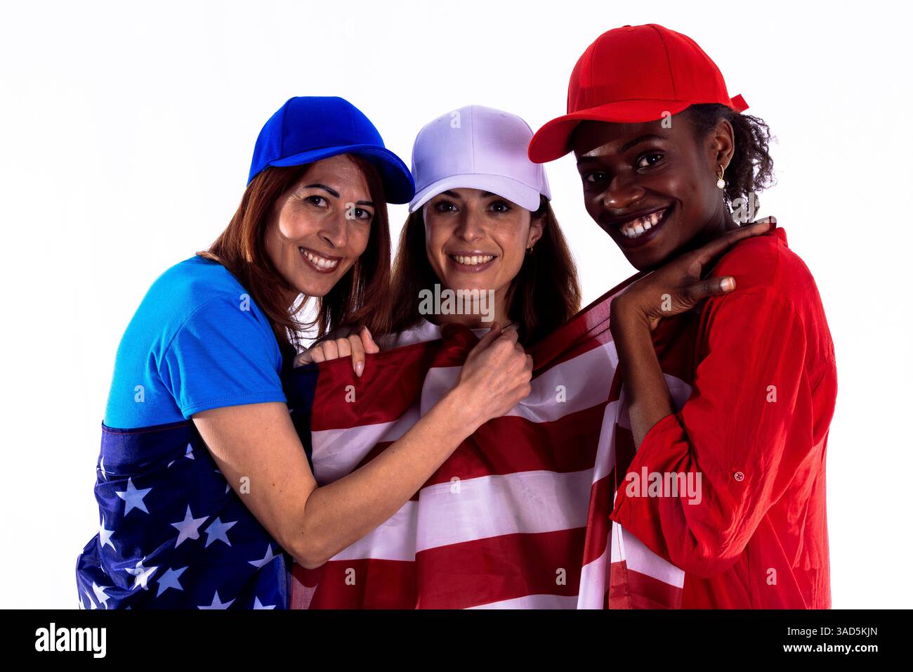 Concept of patriotism, independence day. Smiling women holding united ...