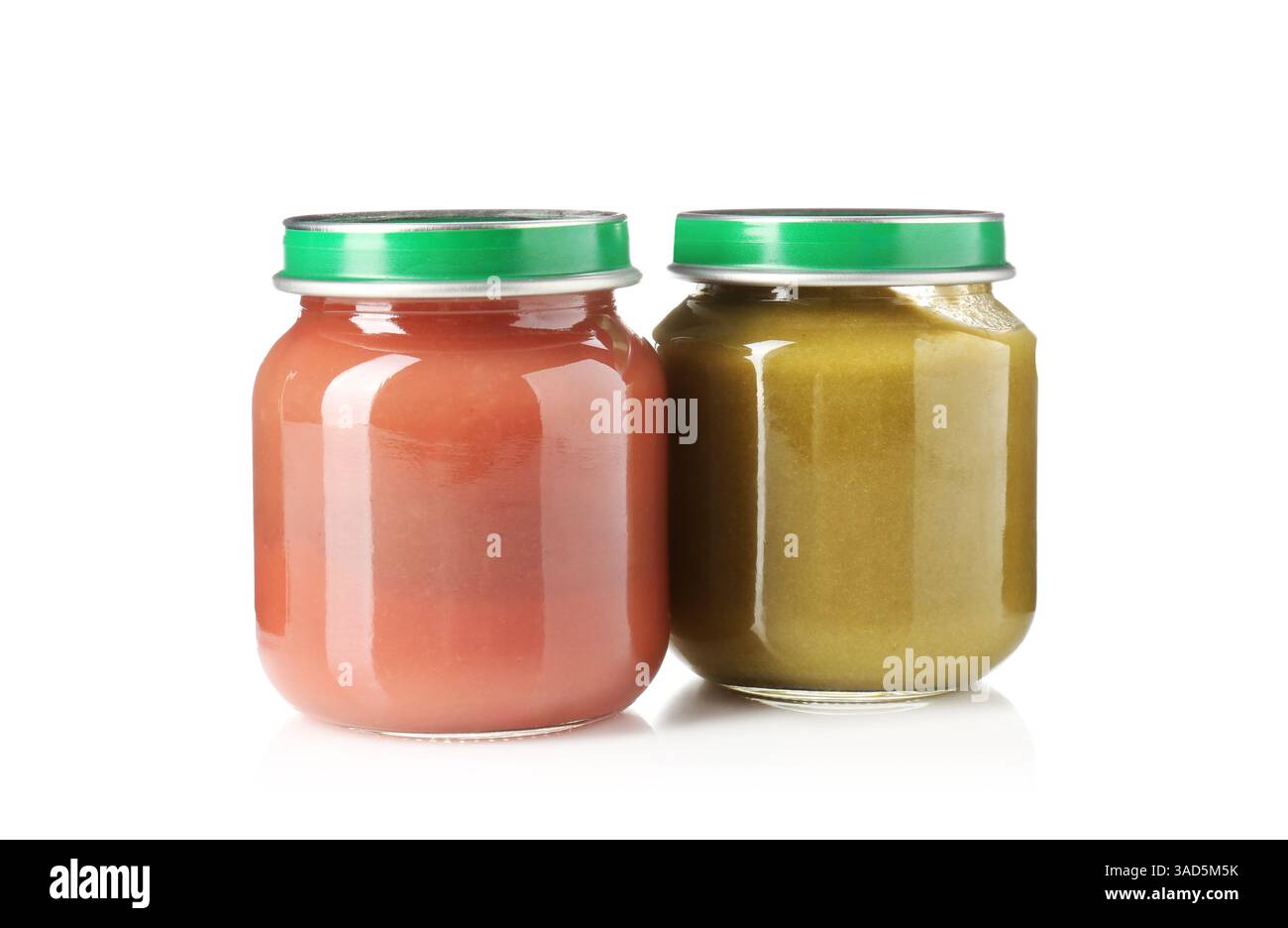 Baby food. Tasty puree in glass jars isolated on white Stock Photo - Alamy