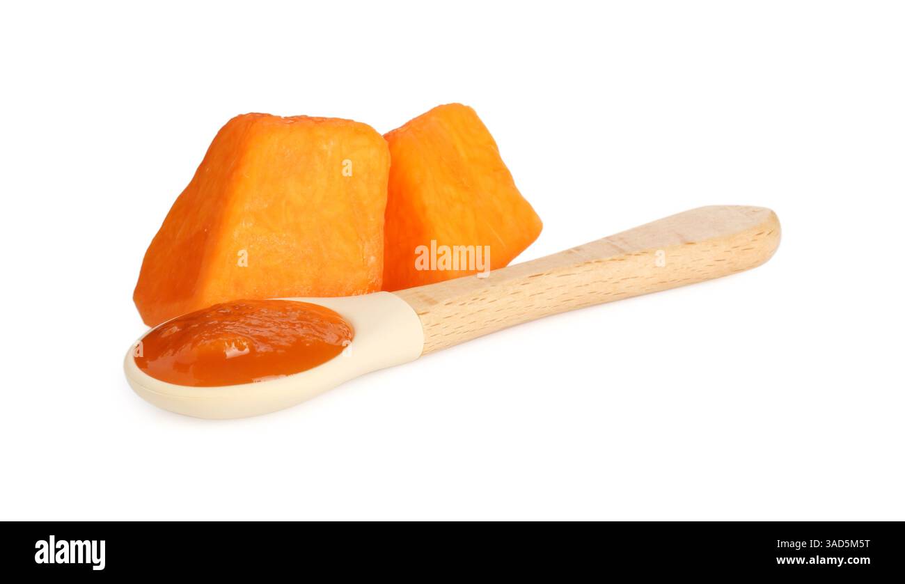 Baby food. Spoon with tasty puree and ingredient on white background ...