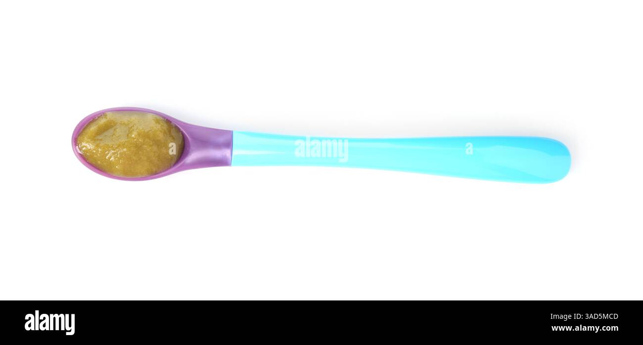 Baby food. Tasty puree in spoon isolated on white, top view Stock Photo ...