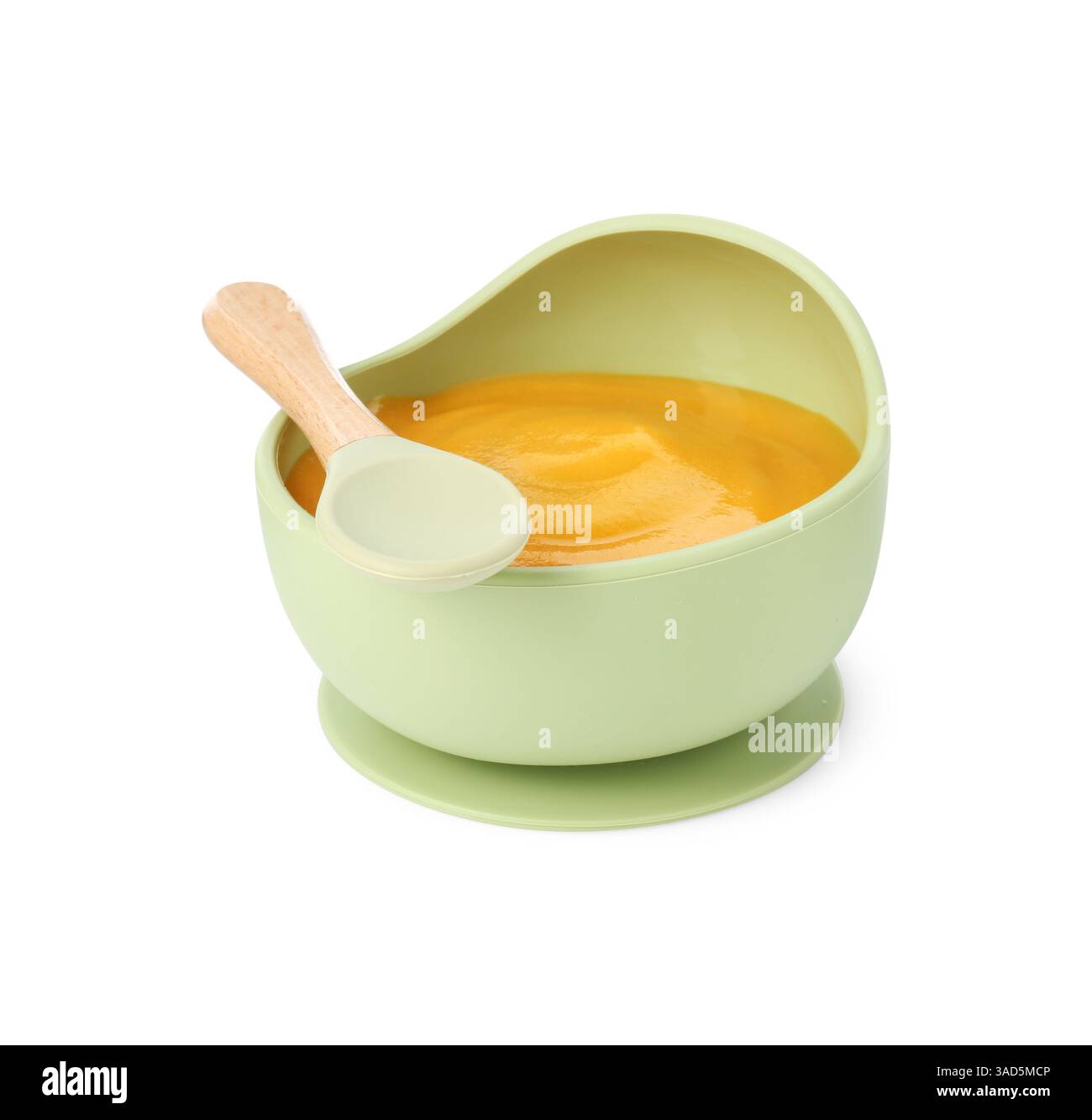 Baby food. Tasty puree in bowl and spoon isolated on white Stock Photo ...