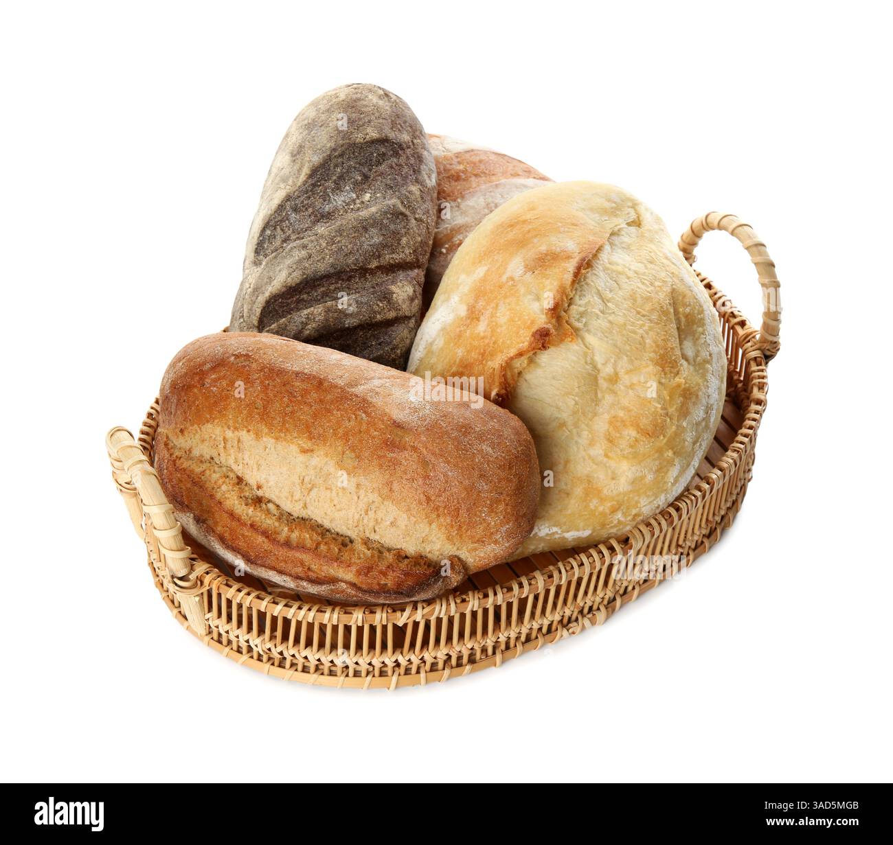 Different loaves of fresh bread in basket isolated on white Stock Photo ...